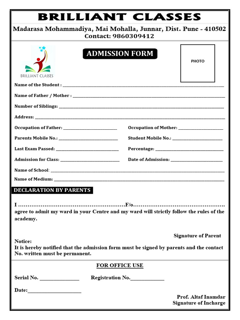 BRILLIANT CLASSES - Admission Form | PDF