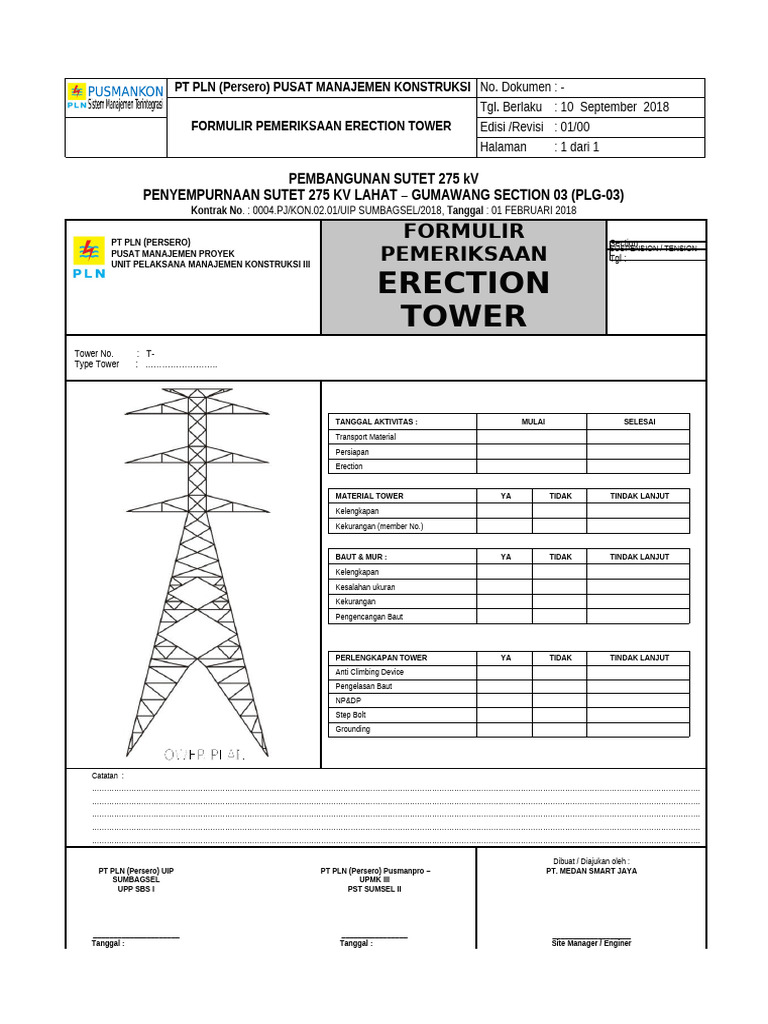 Rev - Form Pemeriksaan Erection Tower (PLG-03) | PDF