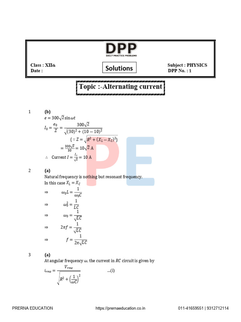 Alternating Current DPP1 SOLUTION | PDF | Inductor | Electrical Network