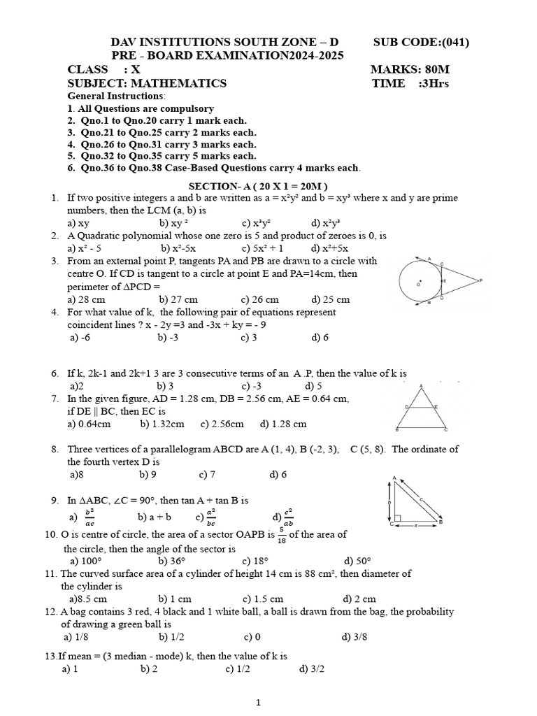 Pre Board 2 Maths | PDF | Area | Circle