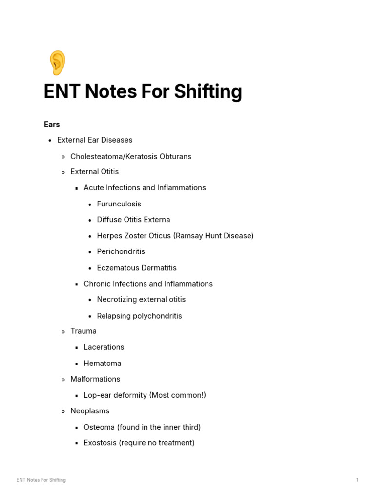 ENT Conditions Overview | PDF | Ear | Sensory Organs