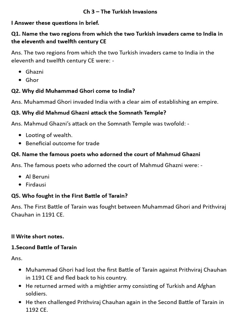 7 History - CH 3 The Turkish Invasions (2024-25) 3 | PDF