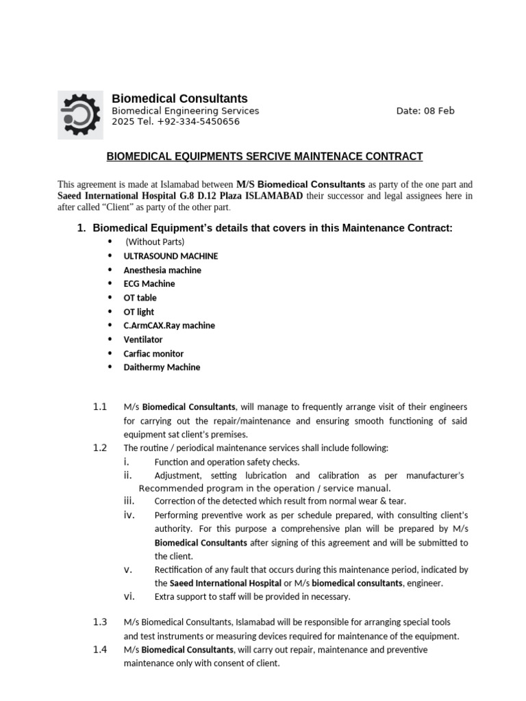 Biomedical Equipment Maintenance Contract | PDF
