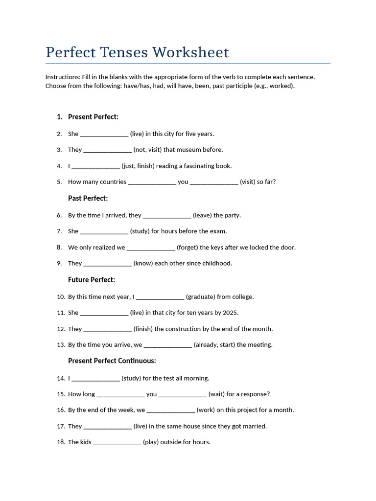 Perfect Tenses Worksheet | PDF