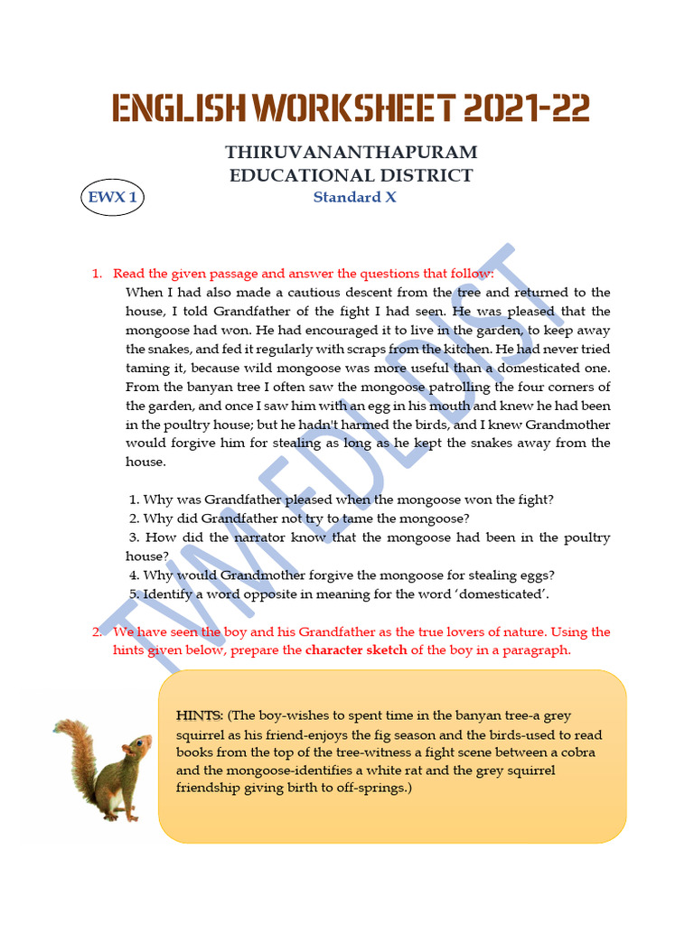 Kerala SSLC English Worksheet 1 by TVM Ednl Dist | PDF