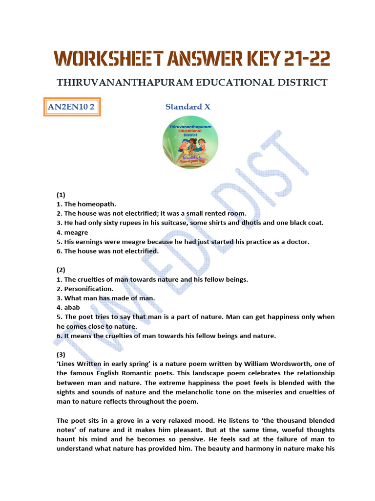 Kerala SSLC English Worksheet 2 by TVM Ednl Dist - Answer Key | PDF ...