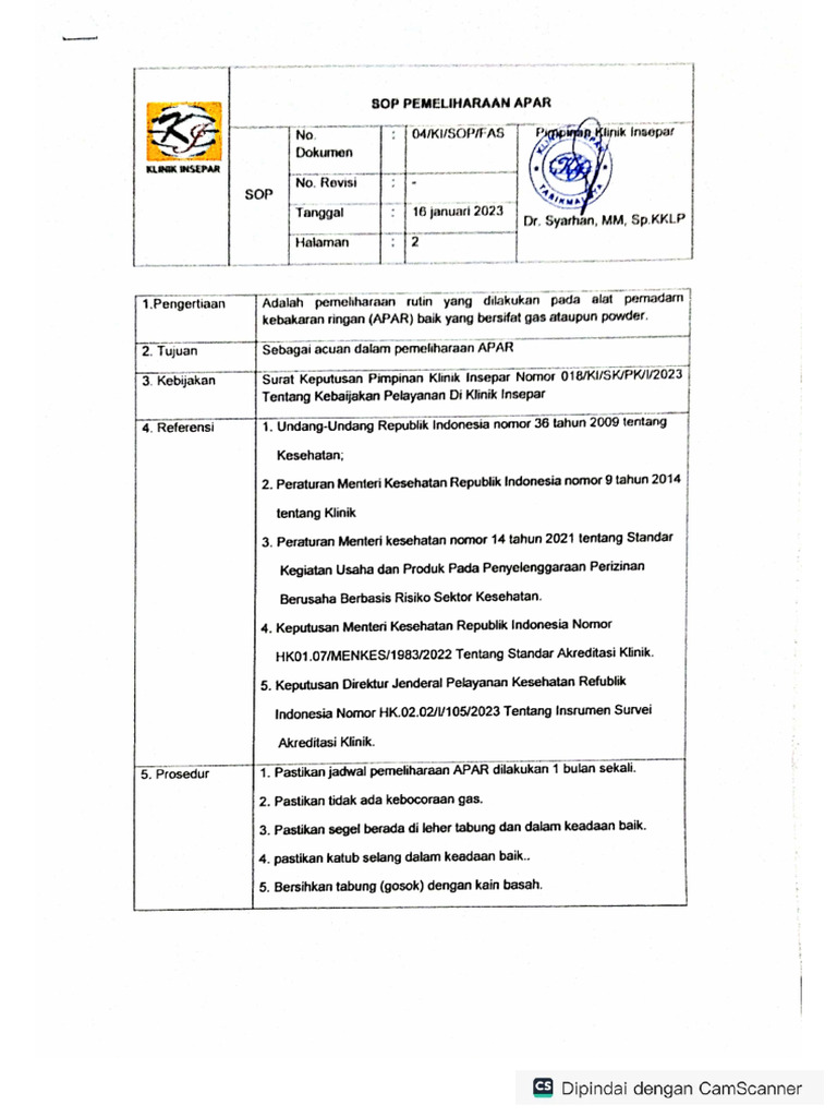 SOP Pemeliharaan Apar | PDF