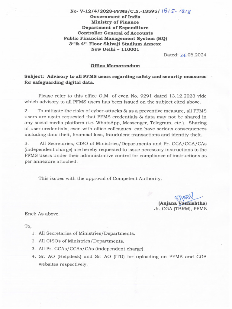 Advisory To All PFMS Users Regarding Safety and Security Measures For ...