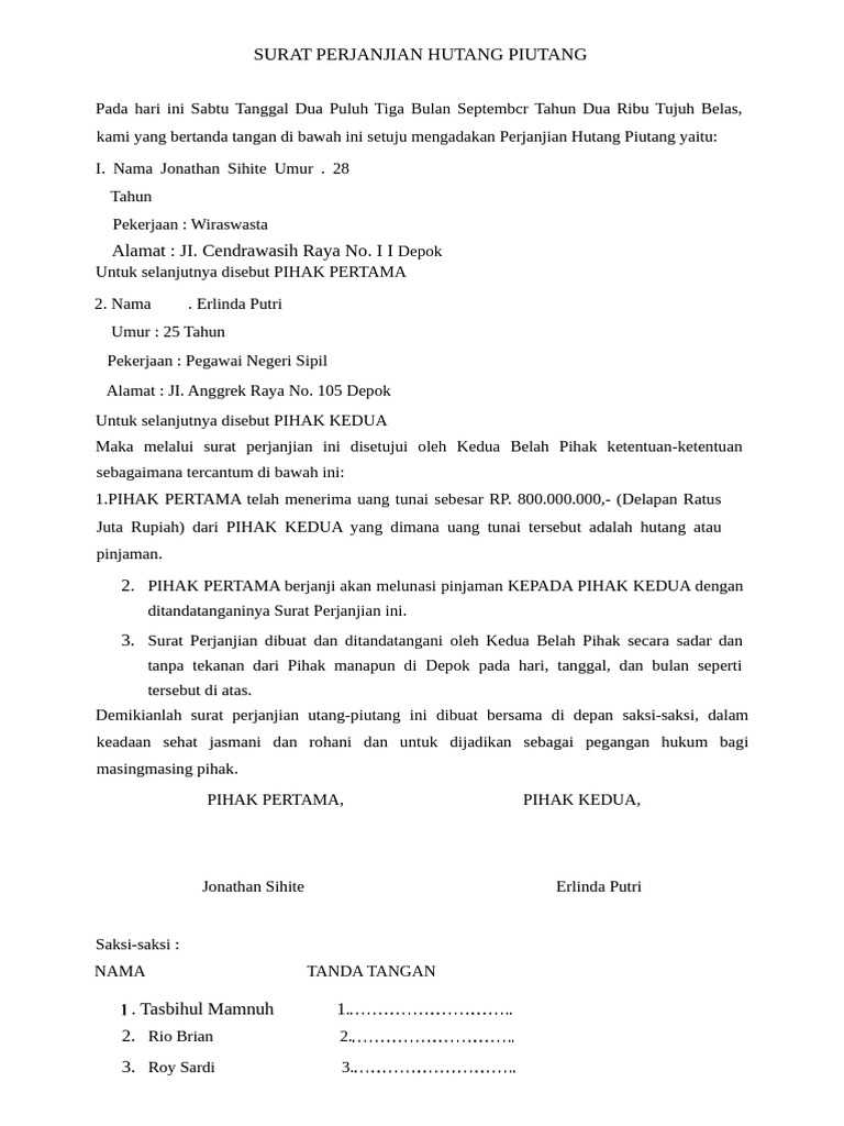 contoh surat perjanjian | PDF