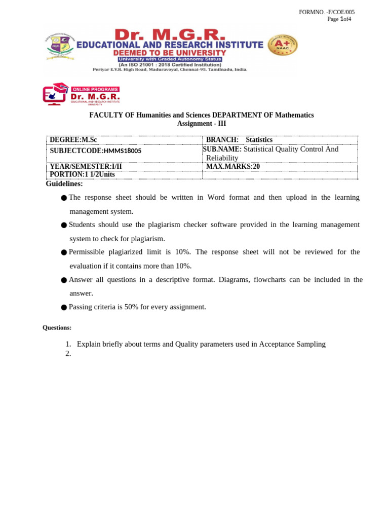 Statistical Quality Control and Reliability-Assignment 5 | PDF