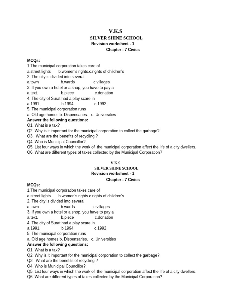 Civics Revision Worksheet for Students | PDF