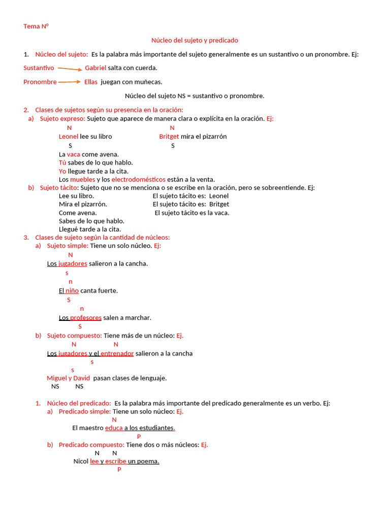 Núcleos del Sujeto y Predicado | PDF