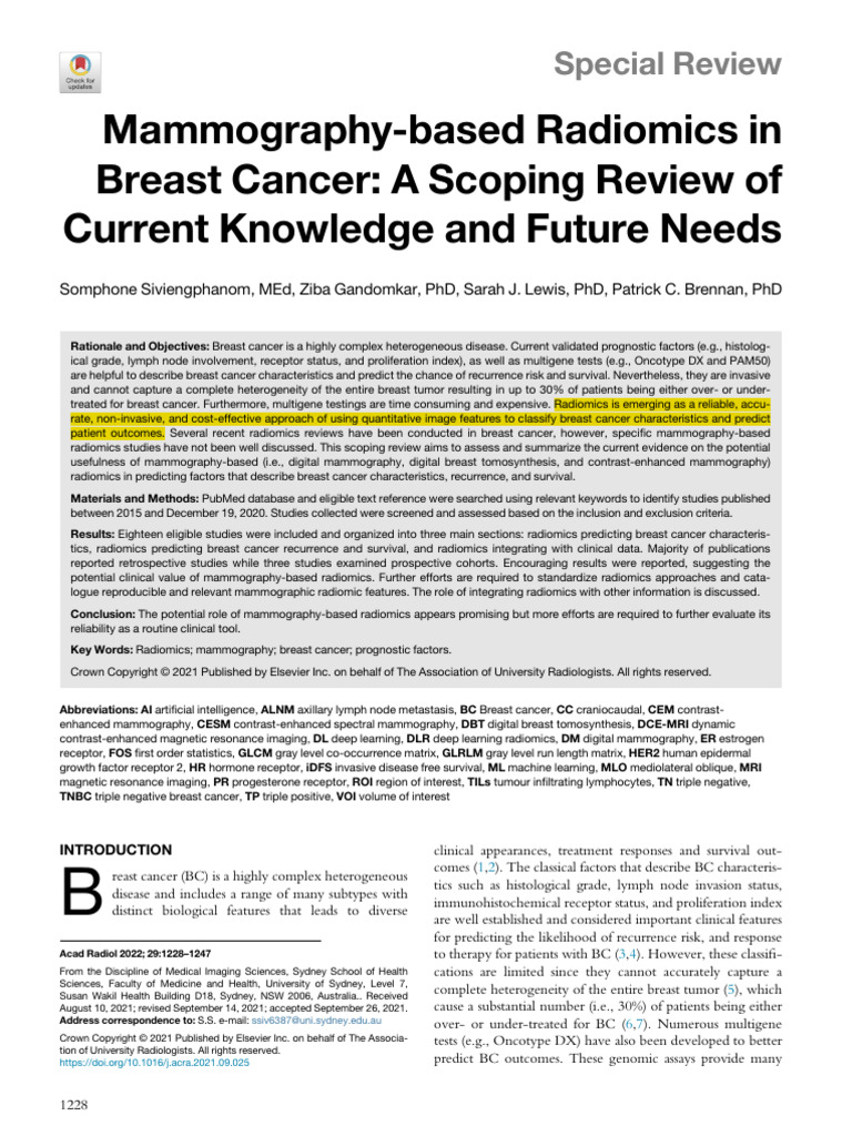 Mammography-based Radiomics in BC | PDF | Systematic Review | Breast Cancer
