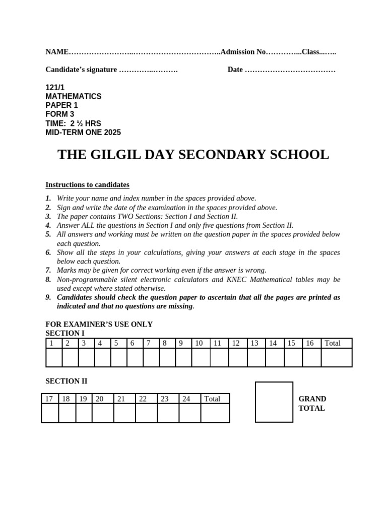 Form 3 Math Exam Paper 2025 | PDF
