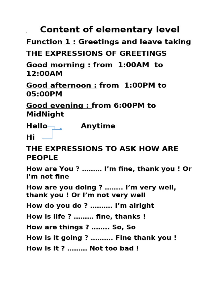 Elementary Level Greetings and Conversations | PDF