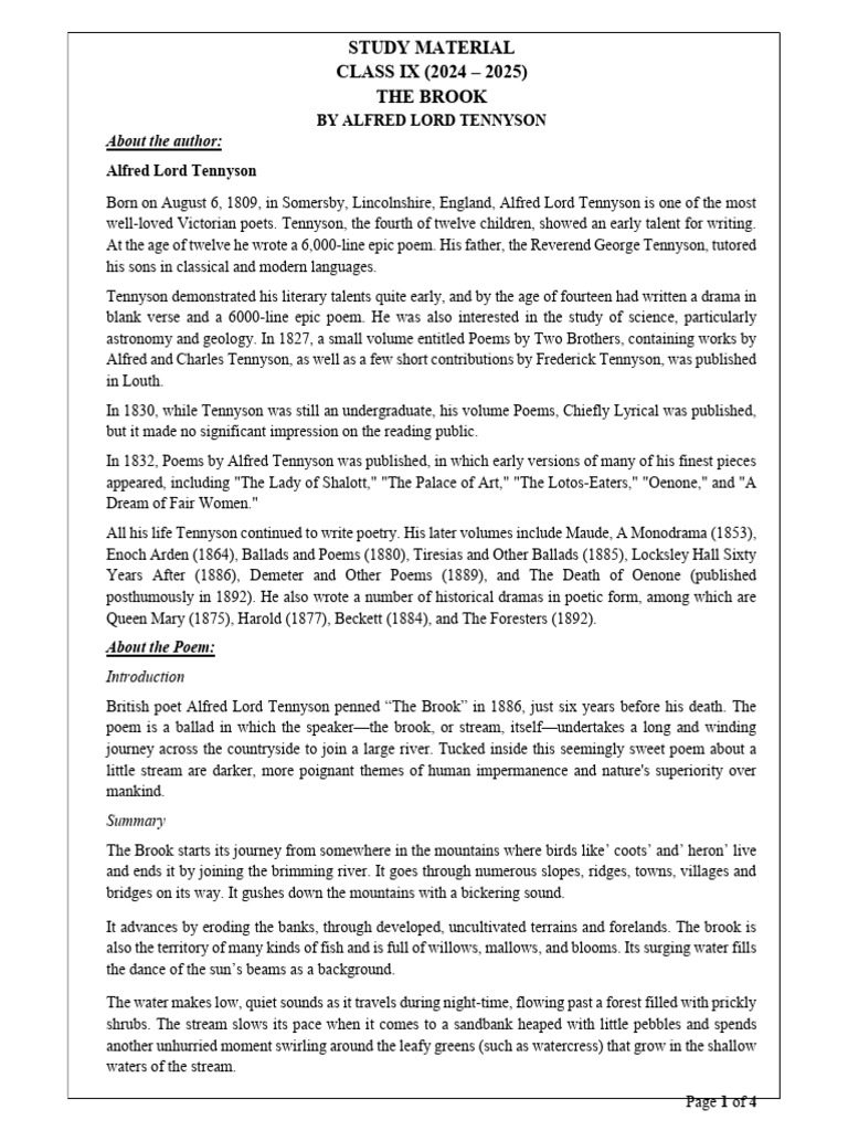 Study Material On The Brook | PDF | Poetry | Poetics