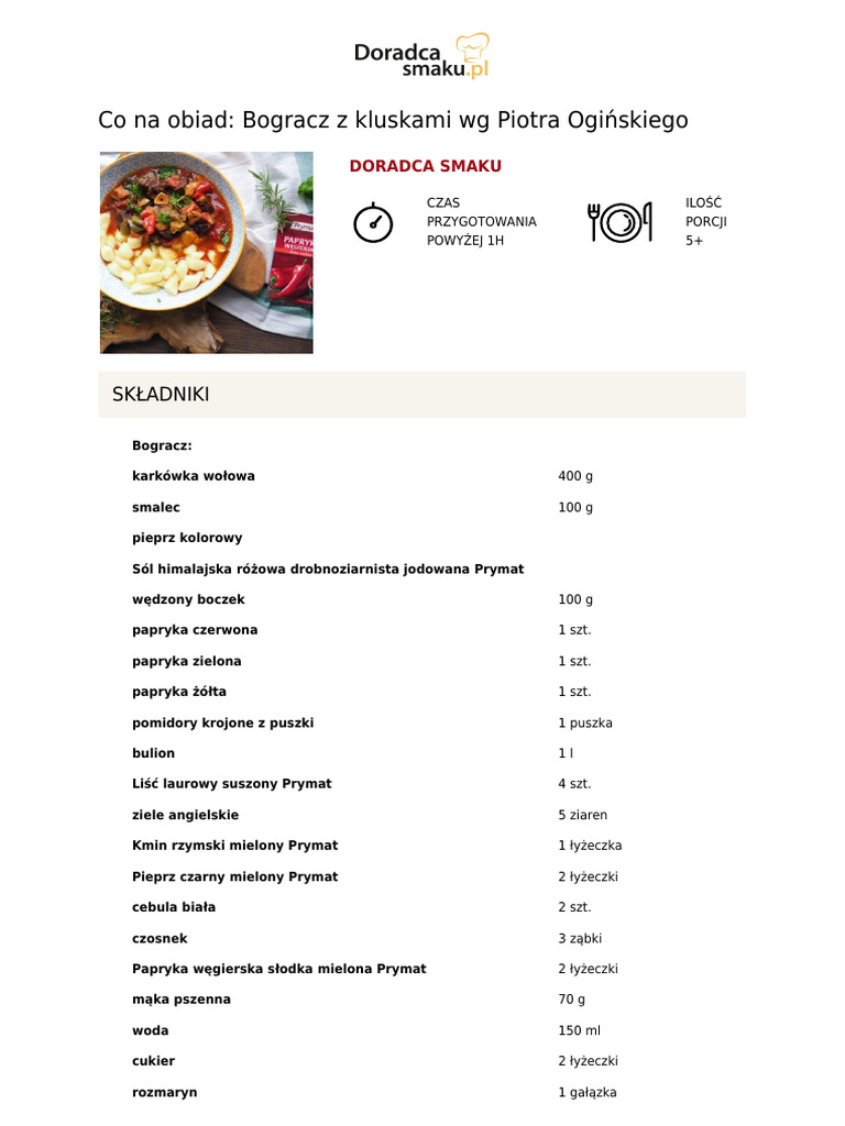 Pobierz Przepis PDF Co Na Obiad Bogracz Z Kluskami | PDF
