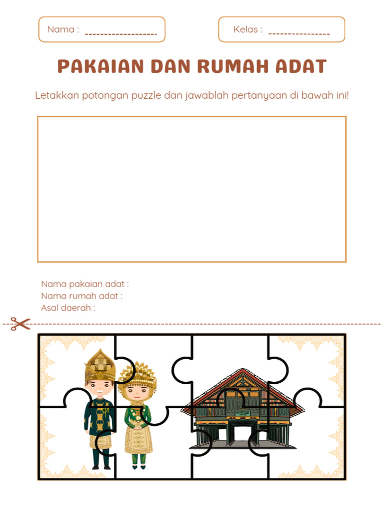 Pakaian dan Rumah Adat Lembar Kerja Puzzle Coklat Ilustratif | PDF