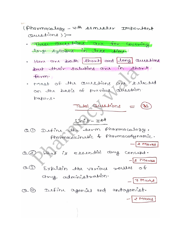 U 1 Pharmacology Important Questions 4th Sem Shahruddin Khan 250214 ...