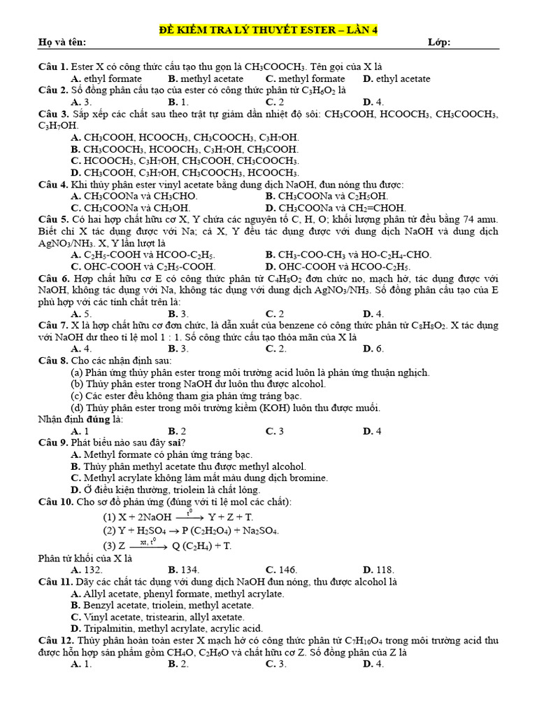 ĐỀ KIỂM TRA LÝ THUYẾT ESTER - LẦN 4 - Copy (2) | PDF