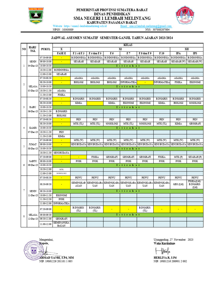 Jadwal Asesmen Sumatif Akhir Semester Ganjil TA.2023-2024 | PDF