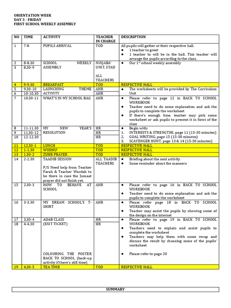 Friday Assembly Agenda for Orientation Week | PDF