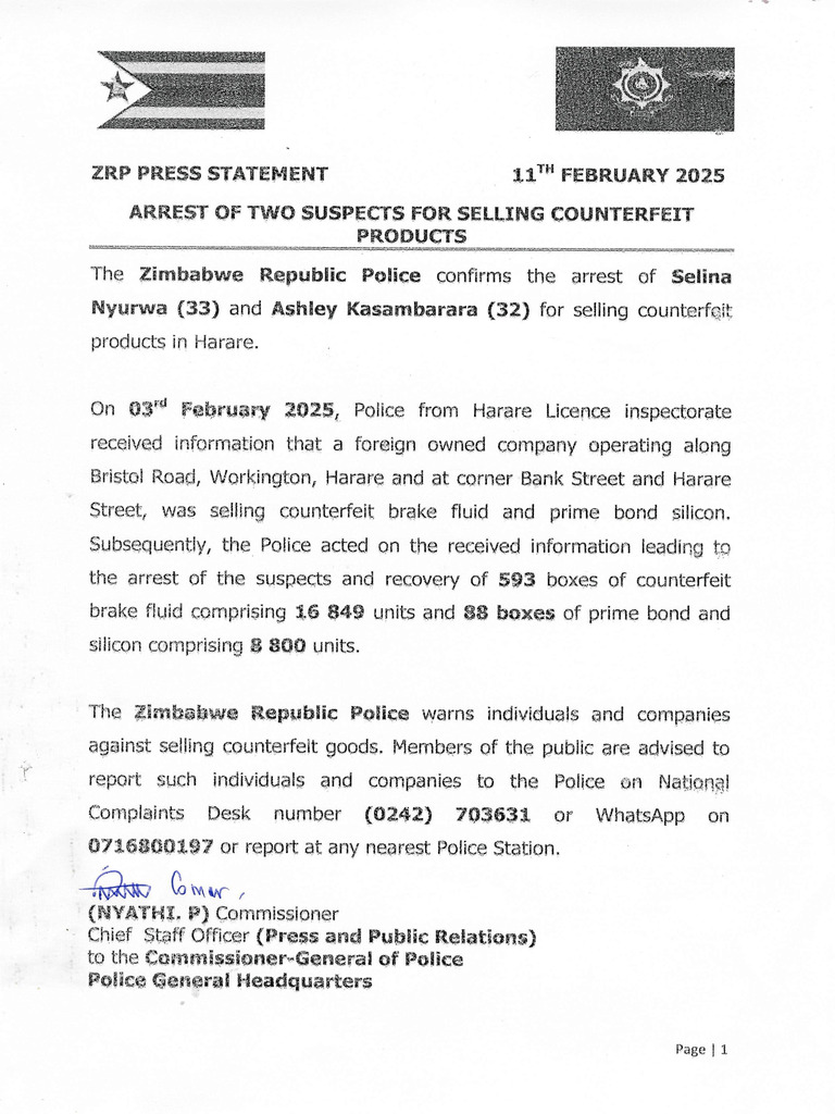 ZRP Statement 11 February 2025 Counterfeit Products | PDF