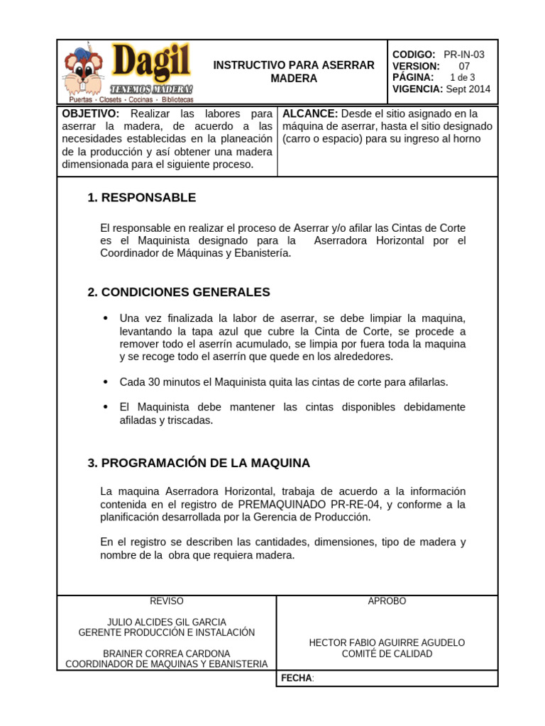 PR-IN-03 INSTRUCTIVO PARA ASERRAR MADERA V7 | PDF