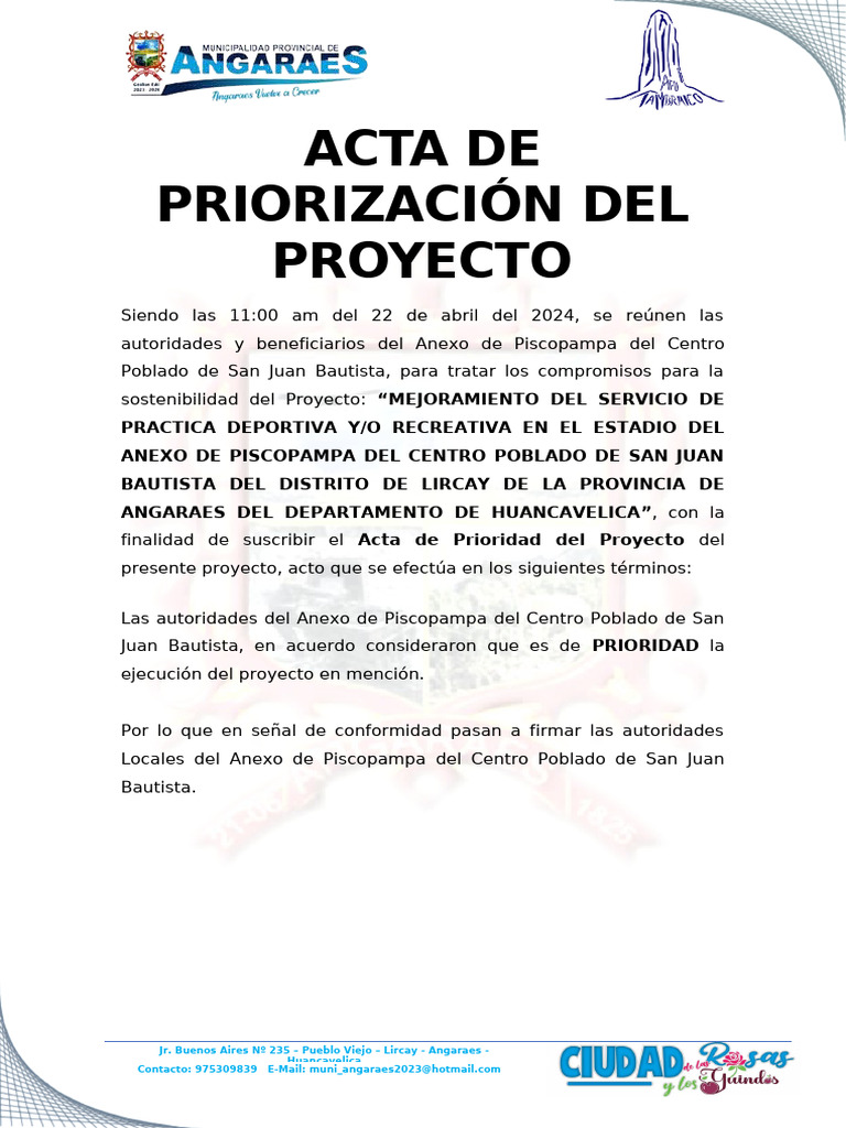 Prioridad Proyecto Deportivo Piscopampa | PDF