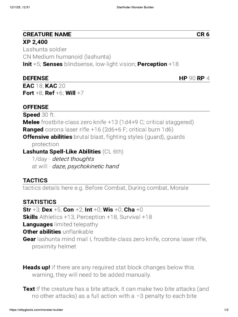 Lashunta Soldier Stat Block Guide | PDF