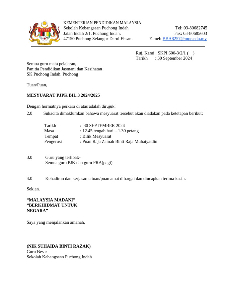 Surat Jemputan Mesyuarat PJPK 3 | PDF