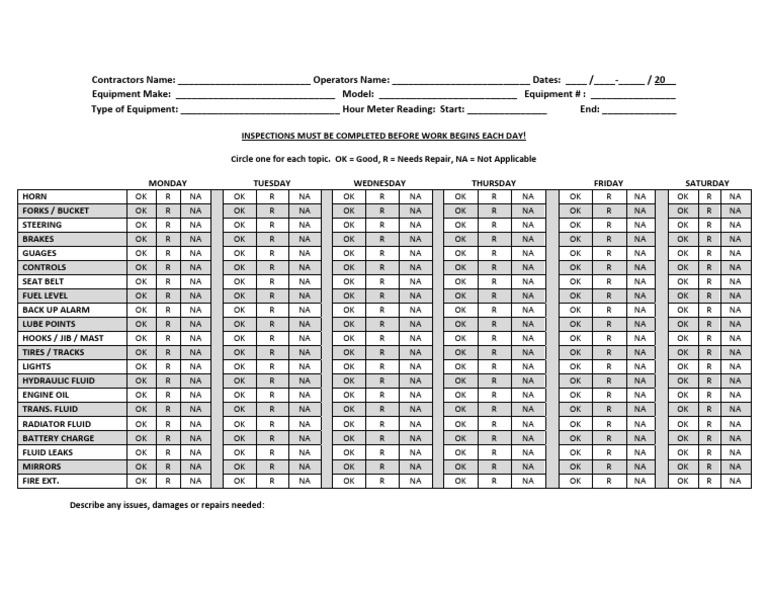 11. Daily-Weekly Equipment Inspection Checklist | PDF | Motor Vehicle ...