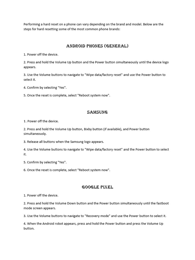 Hard Reset All Brands | PDF | Smartphone | Android (Operating System)