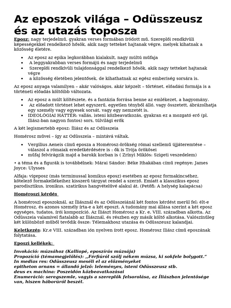 Az Eposzok Világa Odusszeusz Es Az Utazas Toposza | PDF