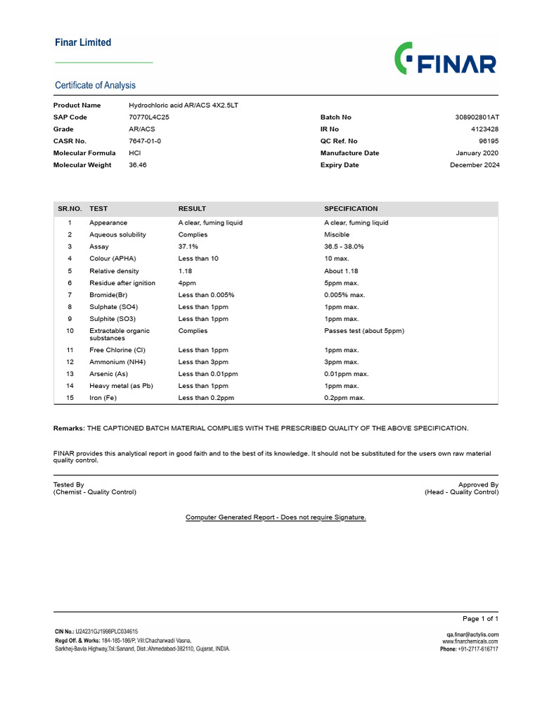 Hydrochloric Acid AR/ACS Quality Report | PDF | Hydrochloric Acid ...