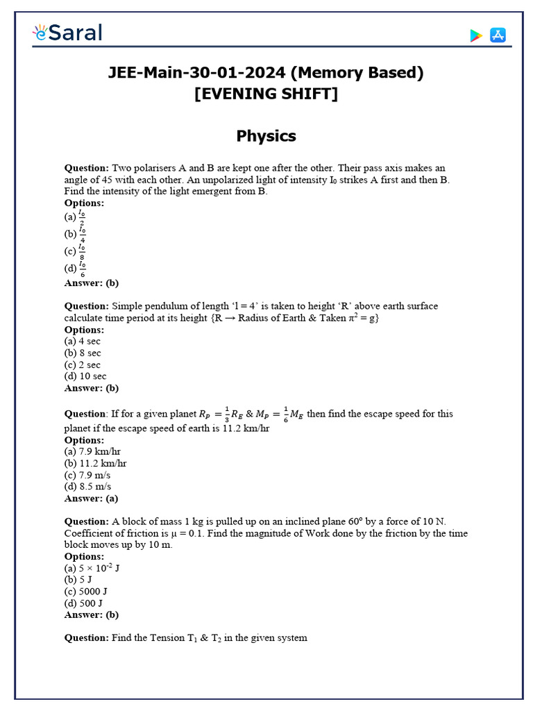 JEE Main 2024 Evening Shift Physics Solutions | PDF | Quantity | Mechanics