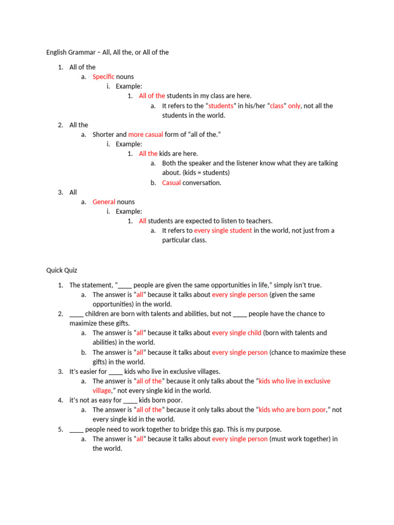 English Grammar - All, All The, or All of The | PDF
