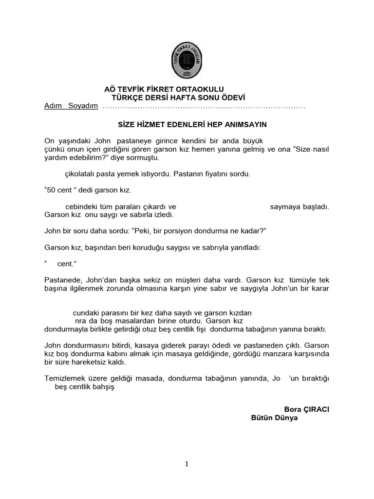 Turkce Dersi 1 Odevi Metin 2 | PDF