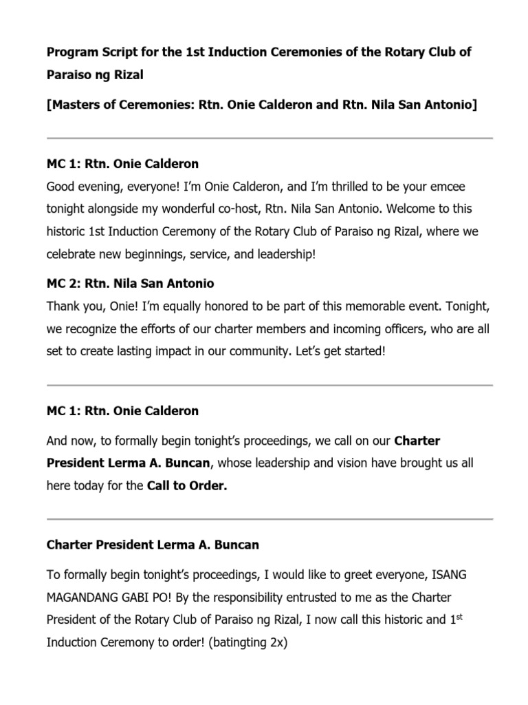 Program Script For The 1st Induction Ceremonies of The Rotary Club of ...