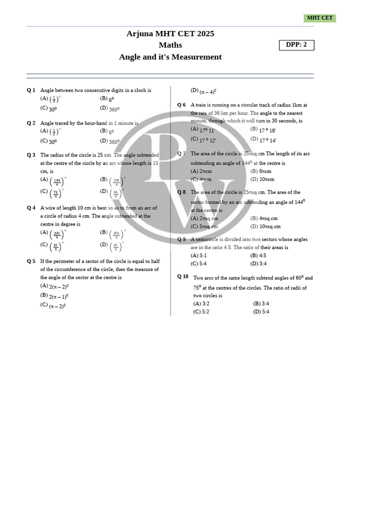 Angle and Its Measurement - DPP 02 - Arjuna MHT CET 2025 | PDF | Circle | Angle