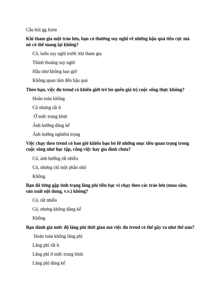 câu hỏi gg form | PDF