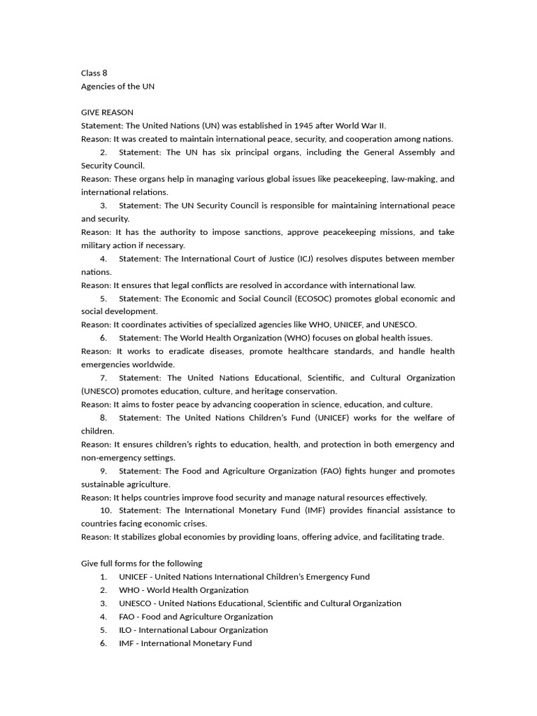 Overview of UN Agencies and Functions | PDF | United Nations ...