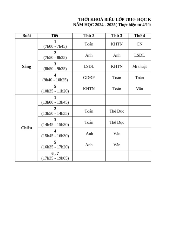 TKB Mới 7B10(Thực Hiện Từ 25-11-2024) | PDF