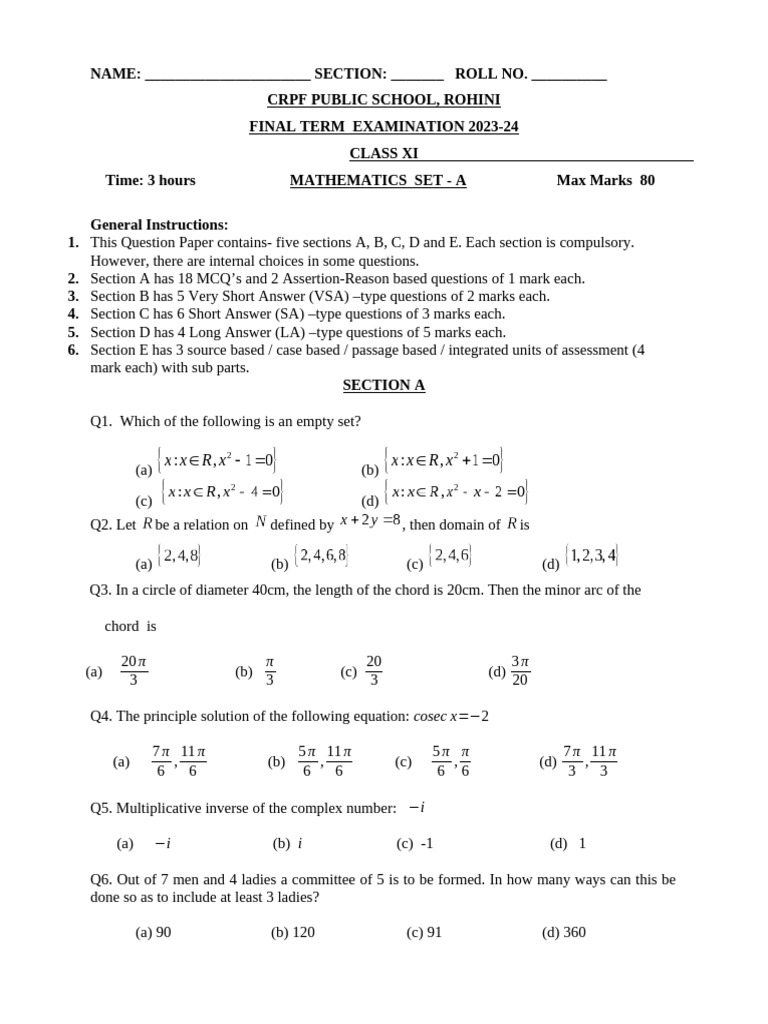 Class XI Mathematics Final Exam 2023-24 | PDF | Triangle | Analytic ...