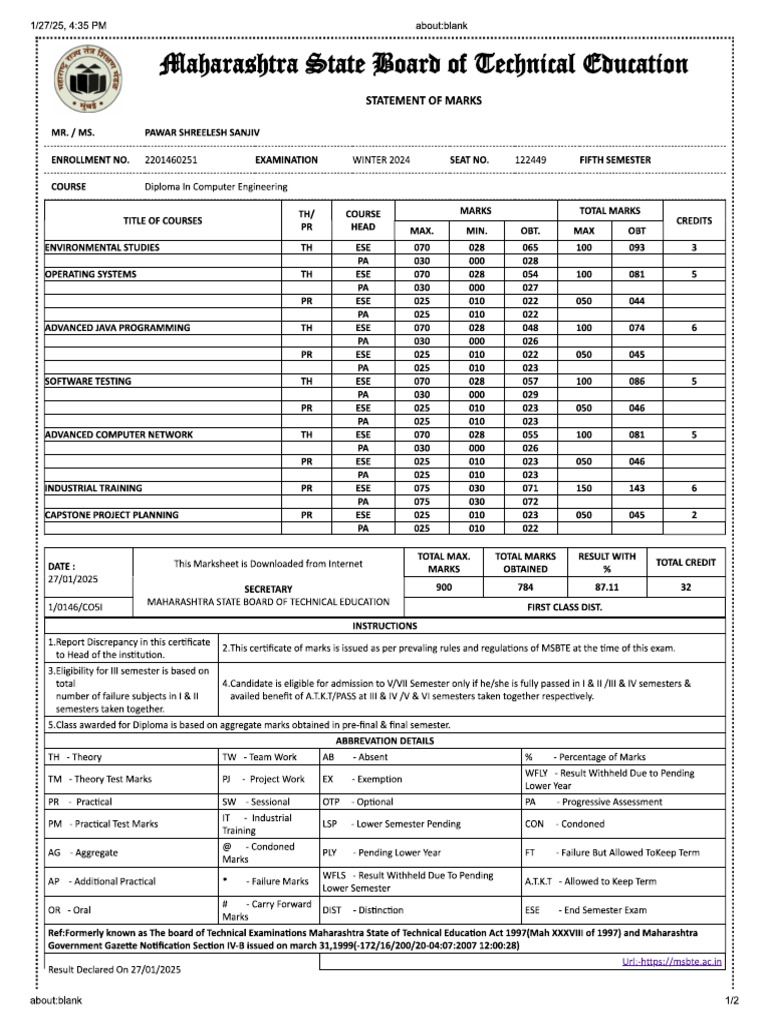 MSBTE Marksheet | PDF