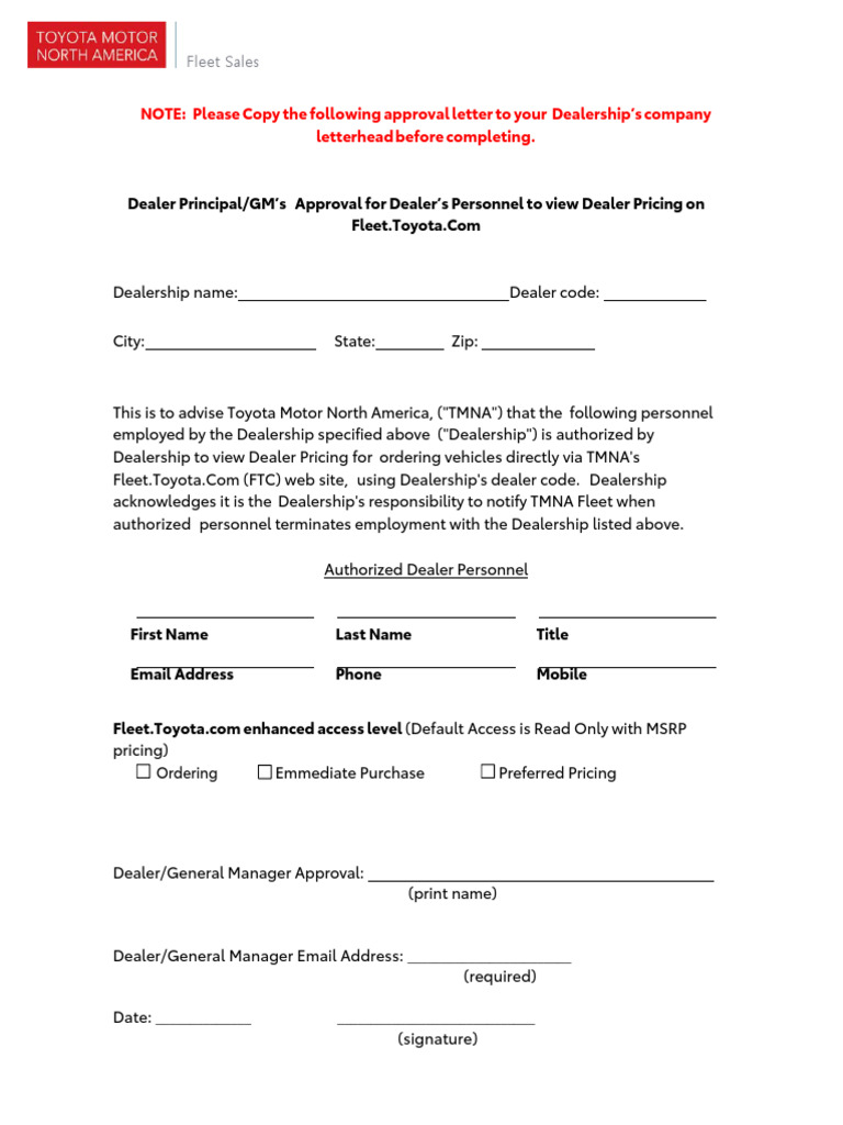 Dealer Approval for Fleet Pricing Access | PDF