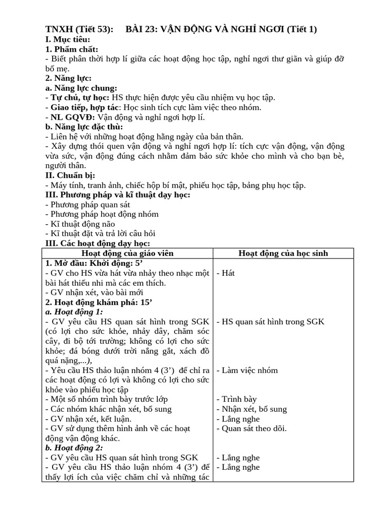 TNXH (Tiết 53) : Bài 23: Vận Động Và Nghỉ Ngơi (Tiết 1) | PDF