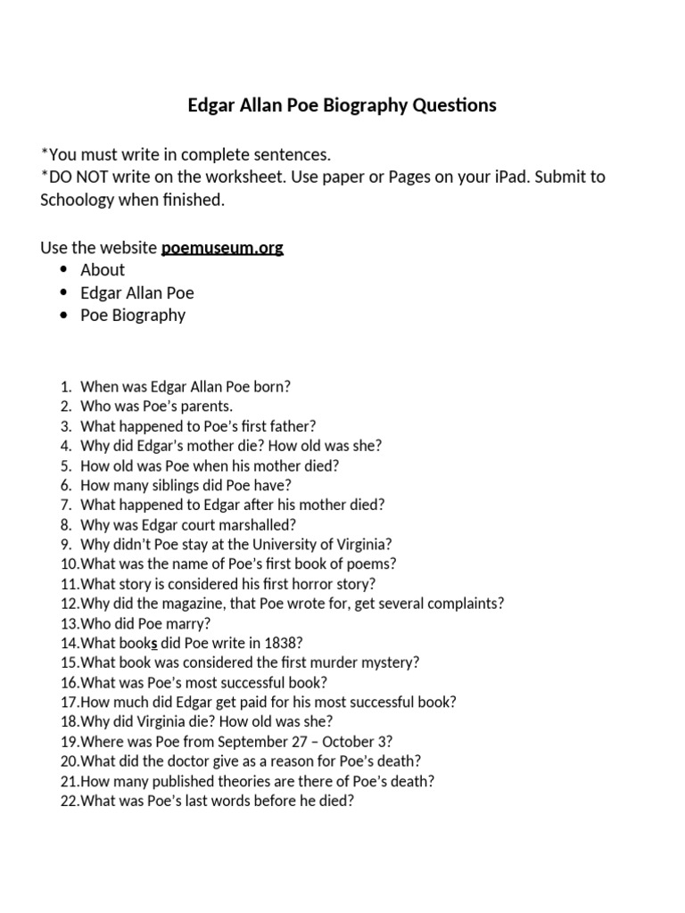 Edgar Allan Poe Biography Questions | PDF