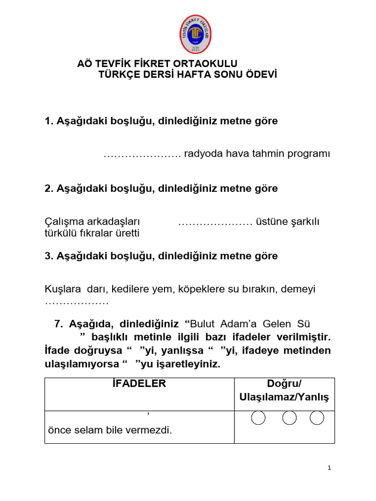 Turkce Dersi 4 Odevi Metin 2 | PDF