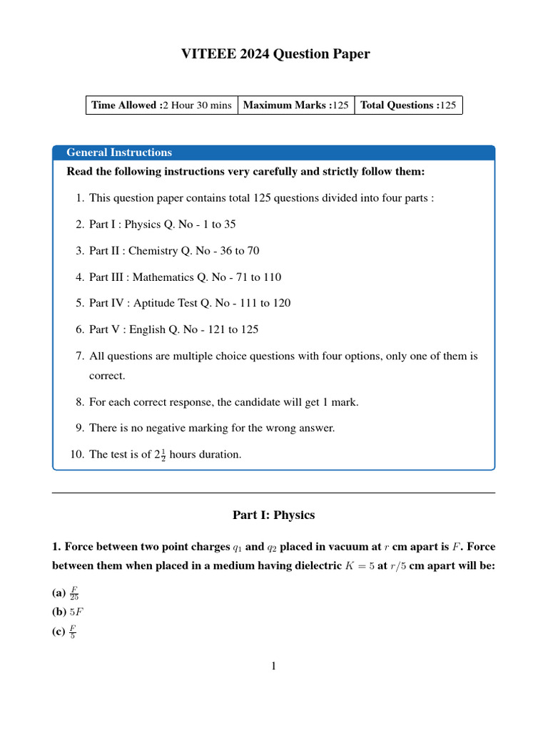 VITEEE_2024_d50b411460b11d782b6ea3bc7ad969e5 | PDF | Magnetic Field ...